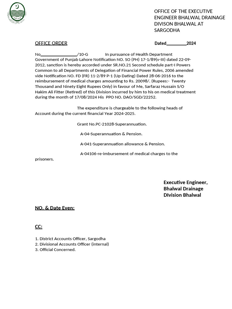 Medical Charges Reimbursement Order | PDF