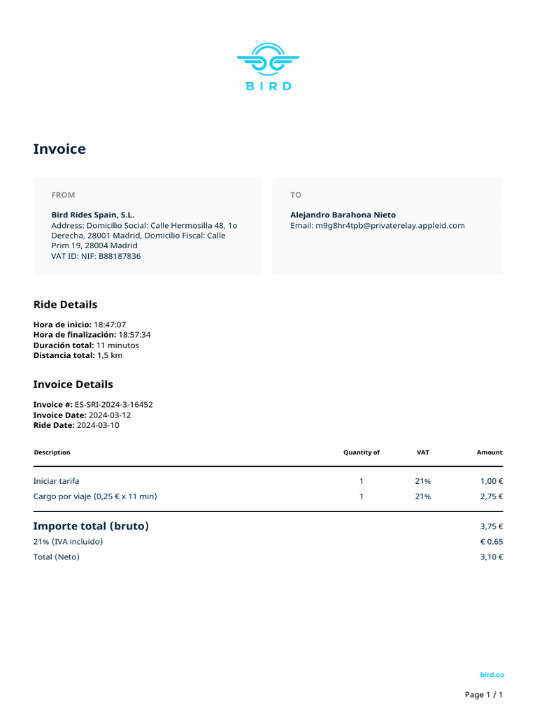 Factura de Viaje Bird Rides España | PDF