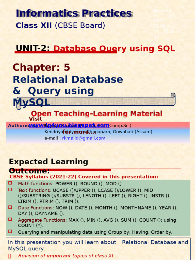 SQL Queries in MySQL for Class XII | PDF | Relational Database | Databases