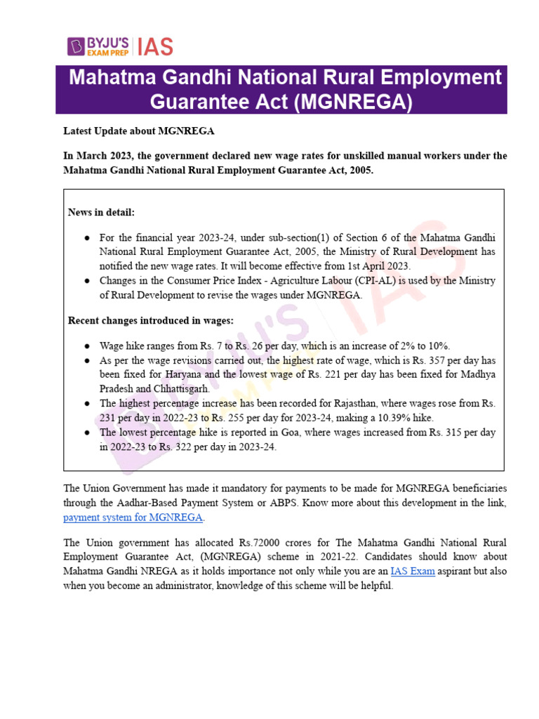 Byjus Exam Prep Mgnrega 2023 | PDF | Government Of India | Economies