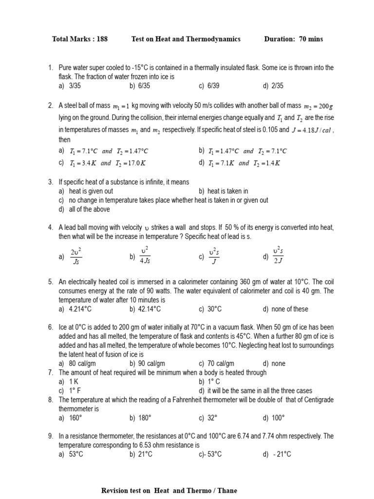 Revision Test On Heat & Thermodynamics | PDF | Gases | Heat