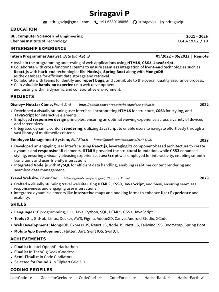 Sriragavi P Resume PDF | PDF | Java Script | Web Development