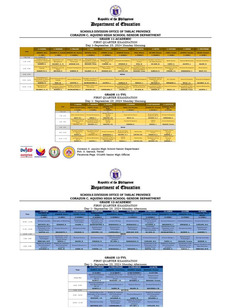 Schedule - First Quarter Examination Sy 2024 2025 | PDF