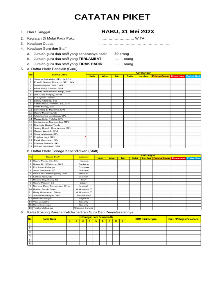Format Buku Piket Guru (Agustus 2023) | PDF