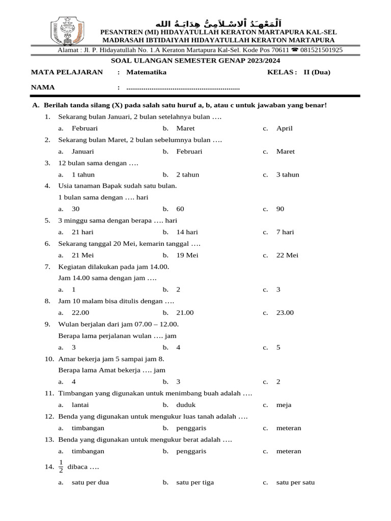 UAS MTK Kelas 2 SEMESTER GENAP MI HIDAYATULLAH | PDF