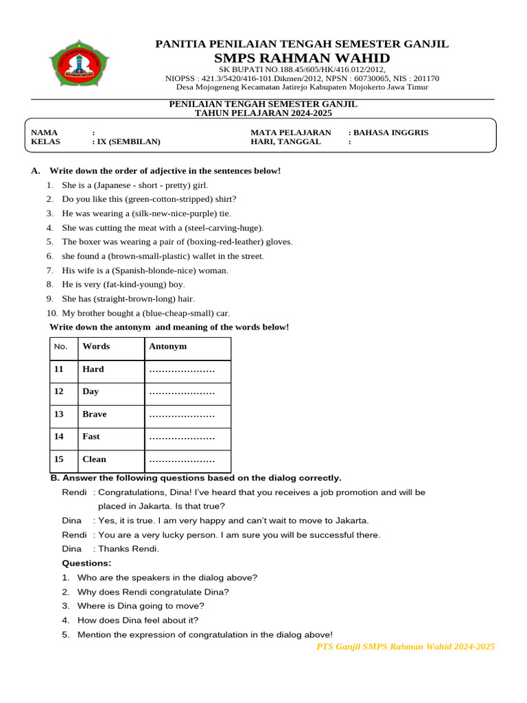 Soal PTS Ganjil Bahasa Inggris Kelas 9 | PDF | Sports & Recreation