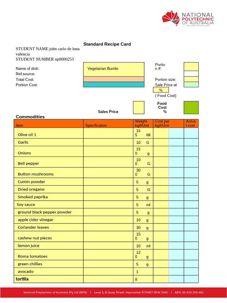 Recipe Card - SITHCCC031 - Prepare Vegetarian and Vegan Dishes | PDF ...