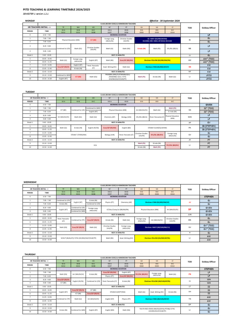 JUNIOR HIGH - SCHEDULE SEMESTER 1 PITD - 24 - 25 Ver 1.2.1 - (30 Sep ...