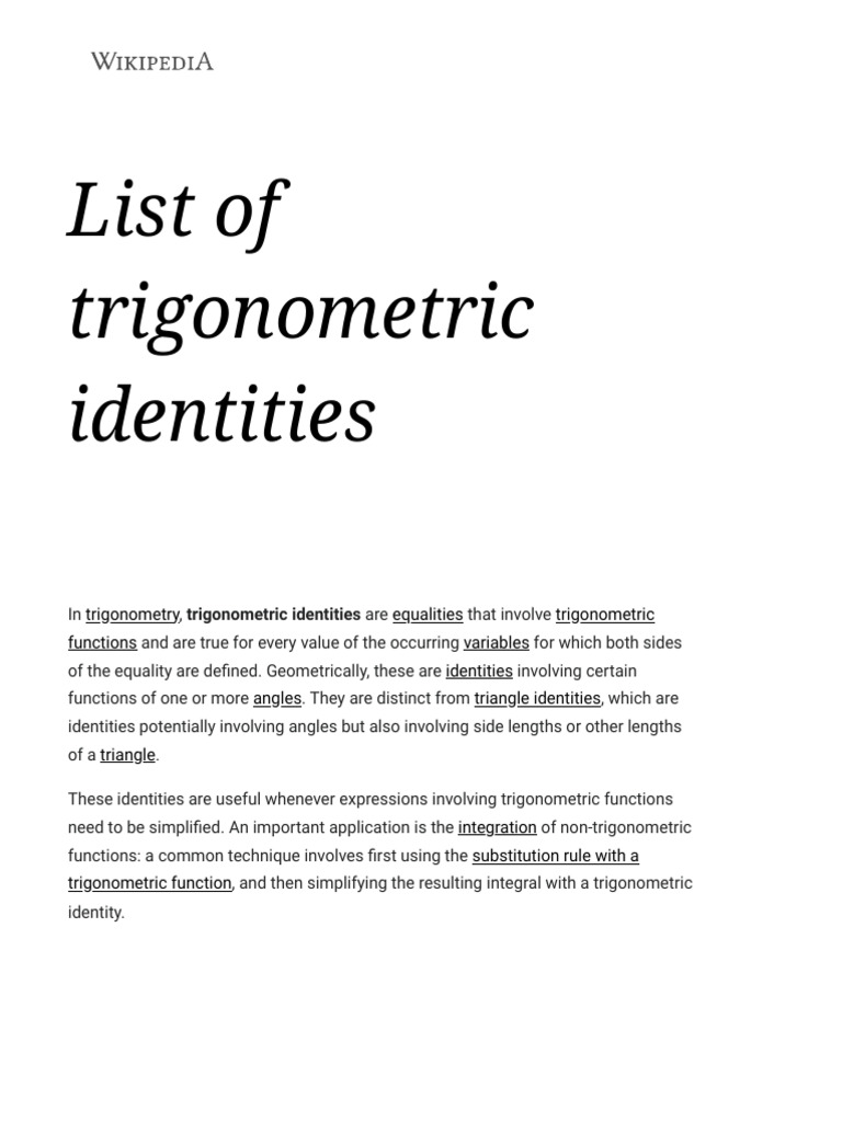 List of Trigonometric Identities - Wikipedia | PDF | Trigonometric Functions | Trigonometry