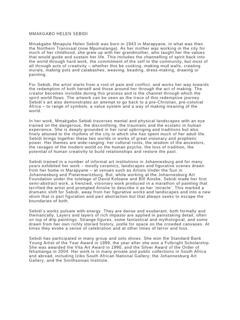 Mmakgabo Mmapula Helen Sebidi Bio | PDF | The Arts