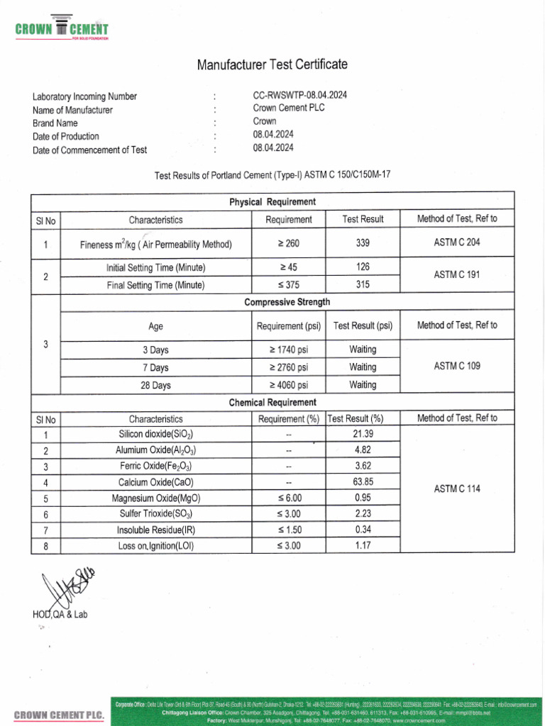 MTC of Crown Opc, RSWTP 08.04.2024 | PDF | Chemical Elements | Cement