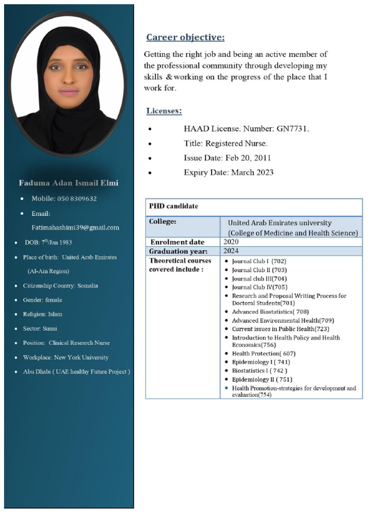 Faduma Adan Ismail Elmi Alhashmi Updated Resume | PDF | Clinical Trial ...