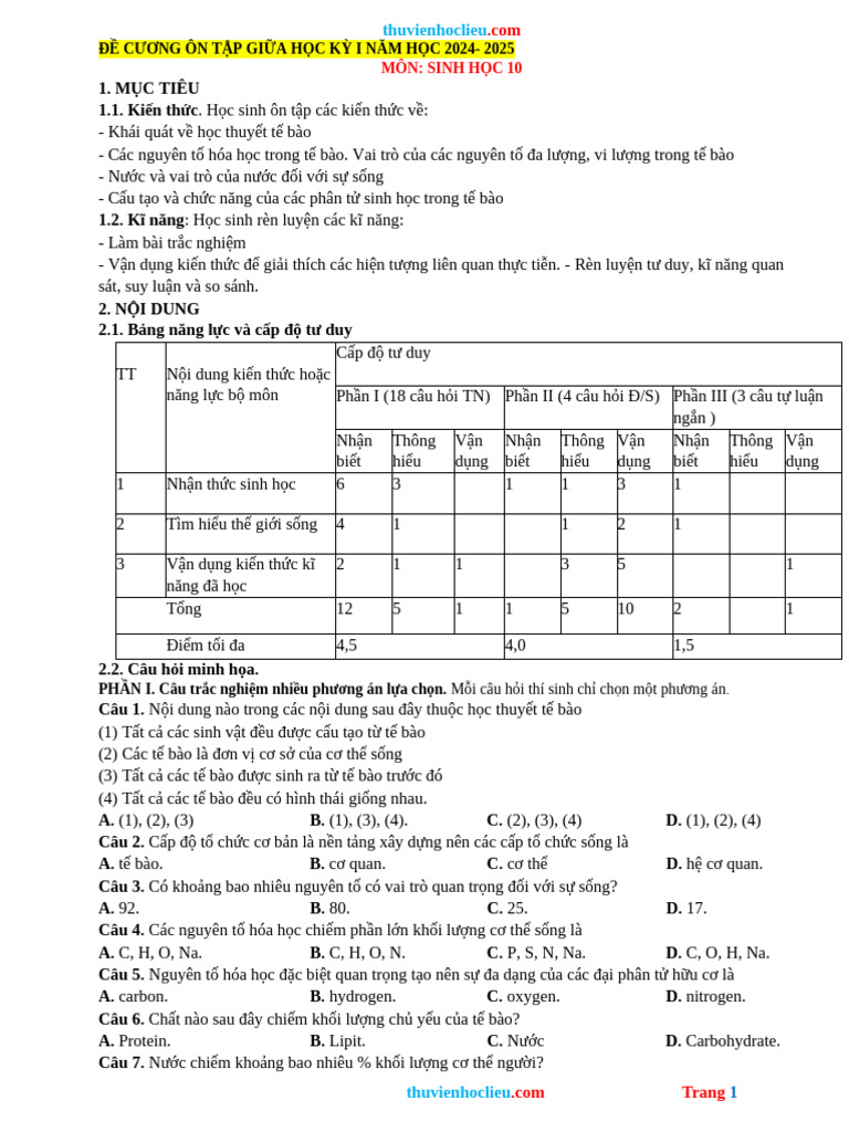De Cuong On Tap Giua HK1 Sinh 10 KNTT Nam Hoc 24 25 | PDF