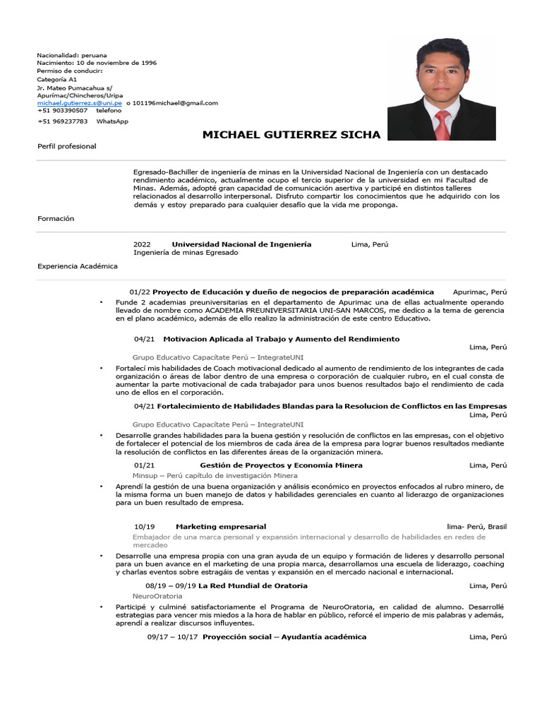 Curriculum VITAE Michael Gutierrez Sicha 2024 | PDF | Marketing | Perú