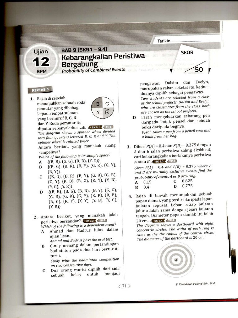 Math Form 4 Bab 9 Latihan Keberangkalian Peristiwa Bergabung Part | PDF