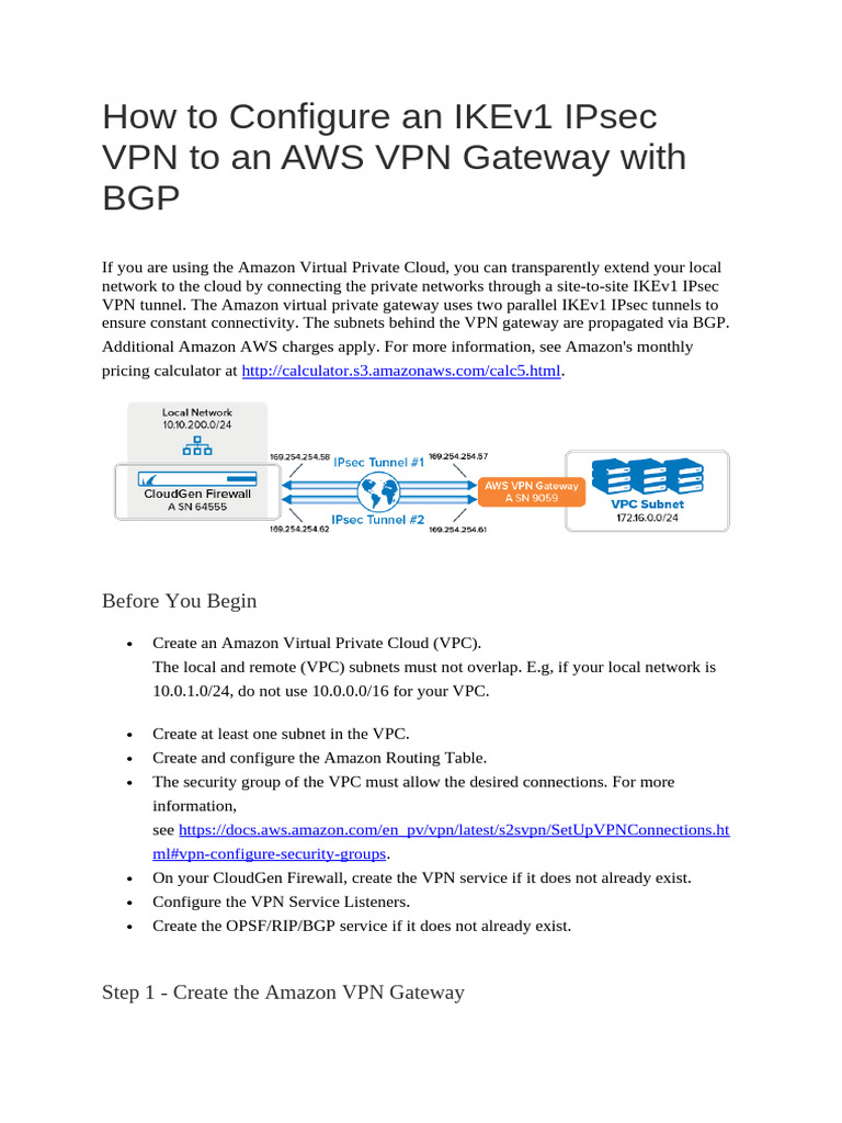 How To Configure An IKEv1 IPsec VPN To An AWS VPN Gateway With BGP ...
