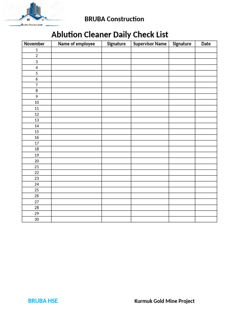 Daily Ablution Cleaning Checklist | PDF