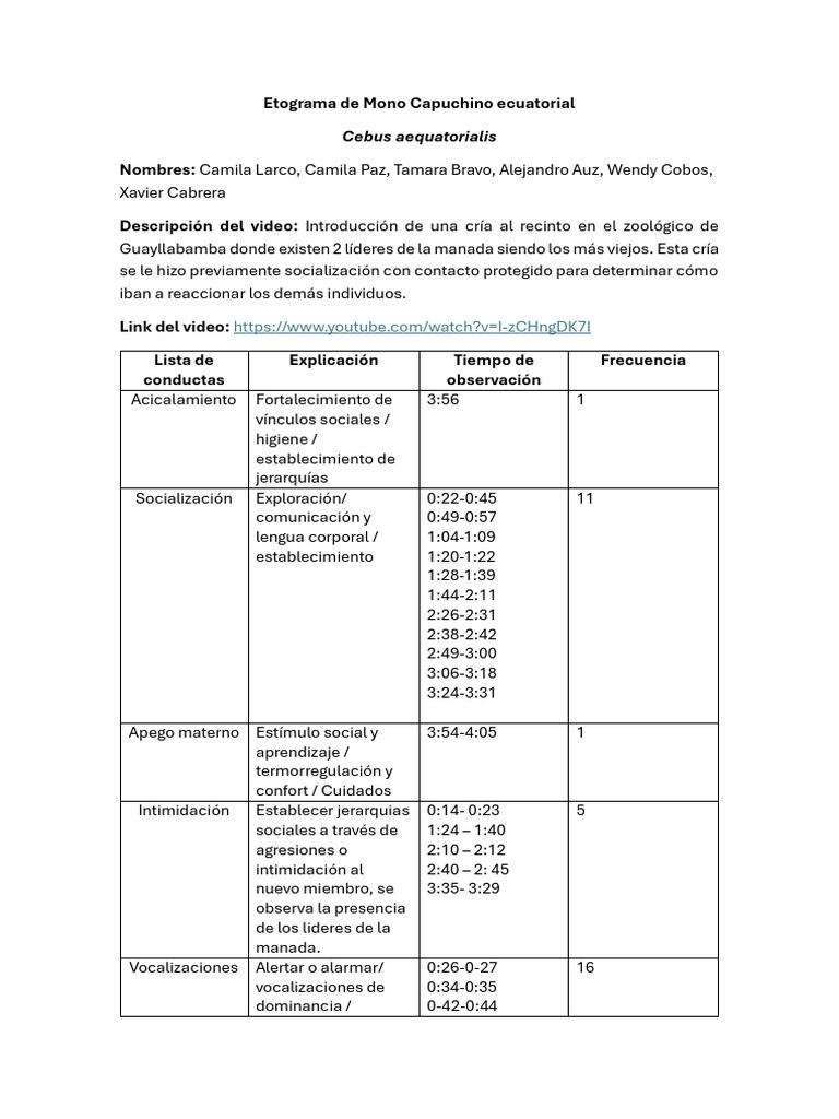 Etograma - Mono Capuchino - G3P3 | PDF | Psicología Social | Ciencias ...
