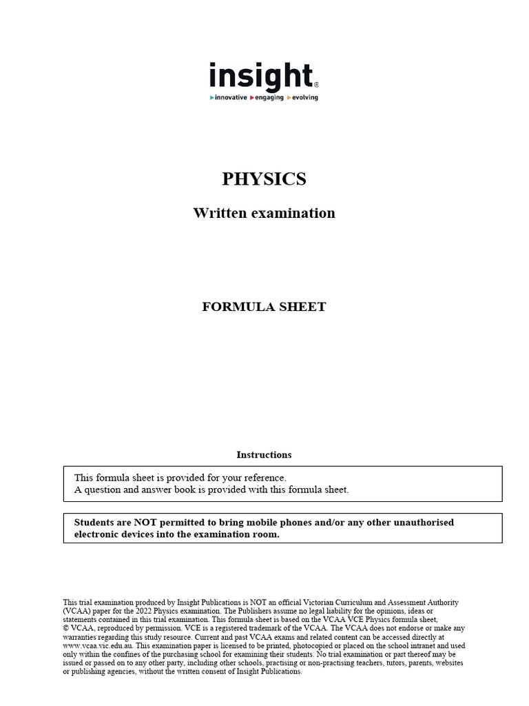 Insight - 12 Physics 2022 - Formula Sheet | PDF | Waves | Force