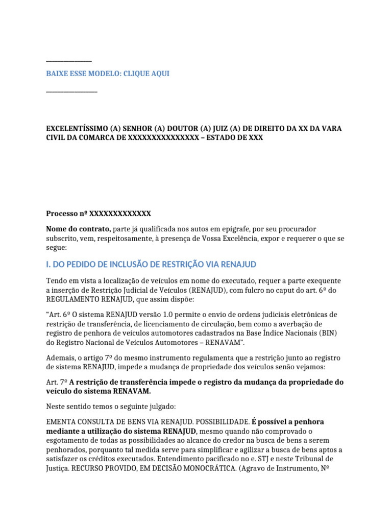 Modelo 2021 Pedido de Penhora de Veiculo Via Termos Nos Autos Pedido de Depositario em Favor Do ...