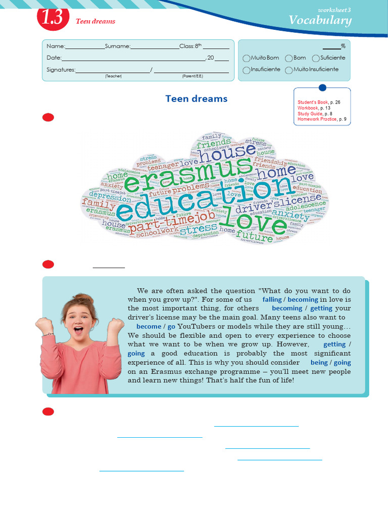Enga8 Vocabulary Worksheet1 3 Teen Dreams | PDF | Learning | Human ...