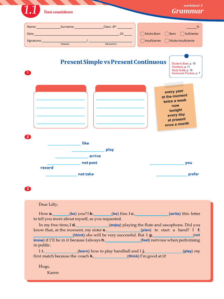 Enga8 Grammar Worksheet1 1 Present Simple Vs Present Continuous | PDF