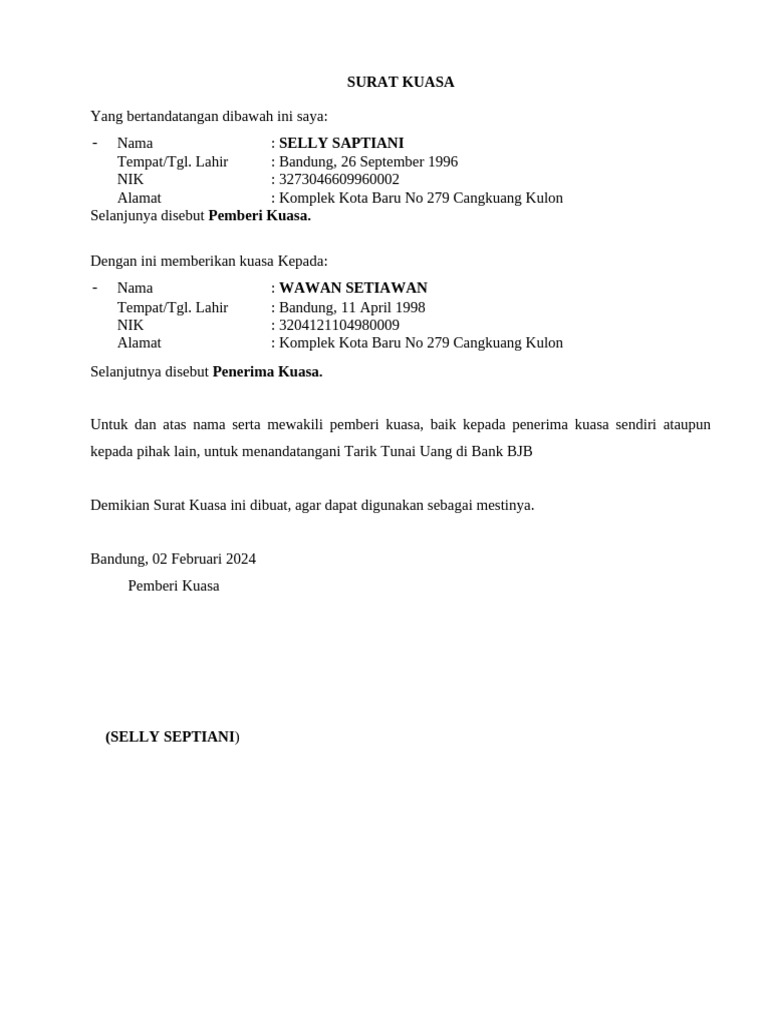 Surat Kuasa Tarik Tunai Bank BJB | PDF
