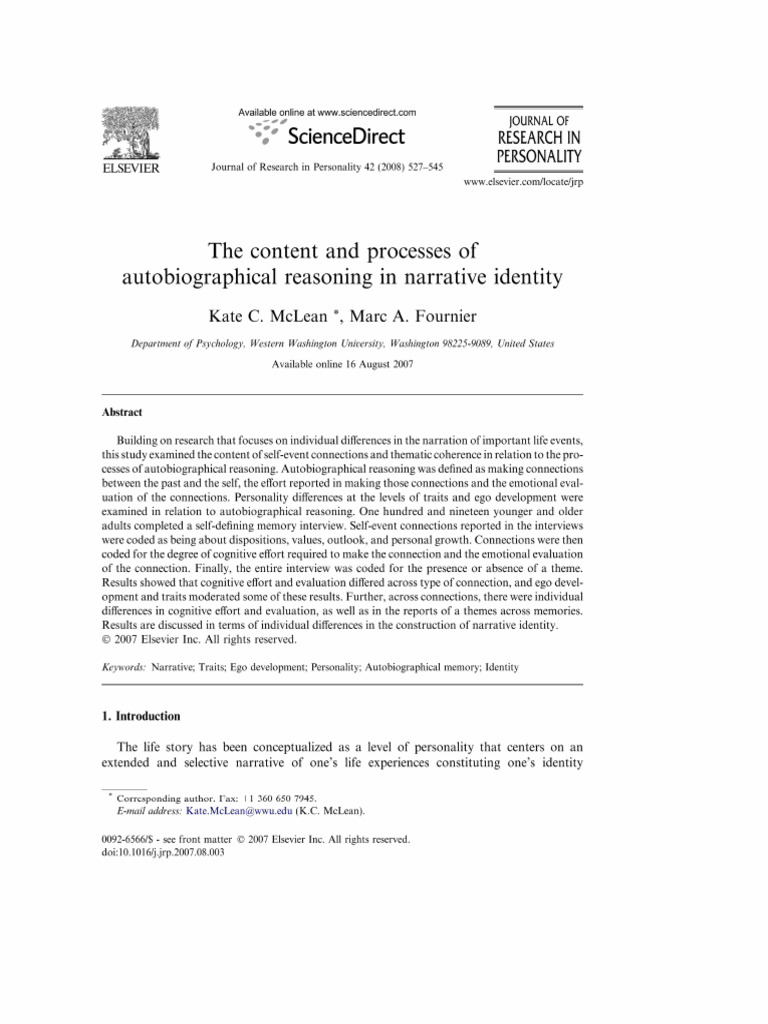 Content and Process of Autobiographical Reasoning in Narrative Identity ...