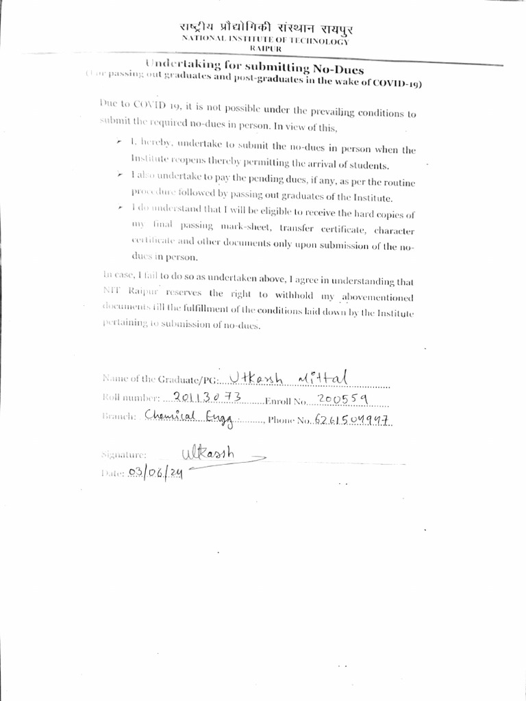 No-Dues Submission Undertaking Form | PDF