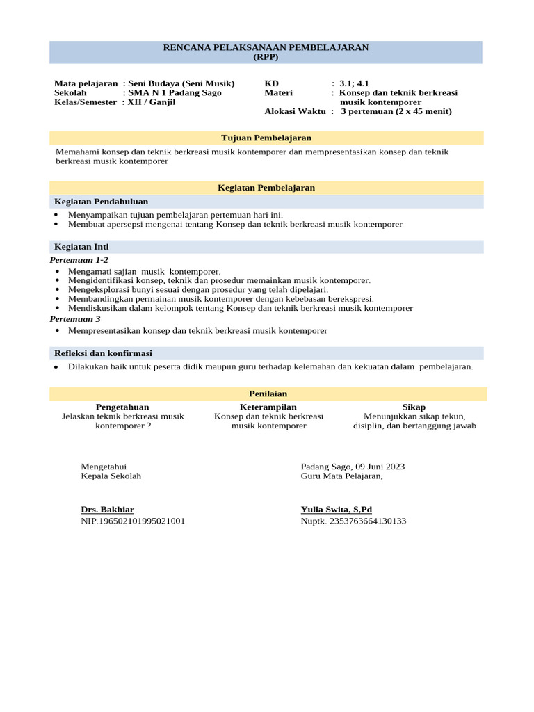 RPP Konsep Dan Teknik Berkreasi Musik Kontemporer | PDF