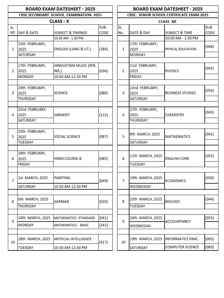 Date Sheet Board Exam X, Xii 2025 | PDF