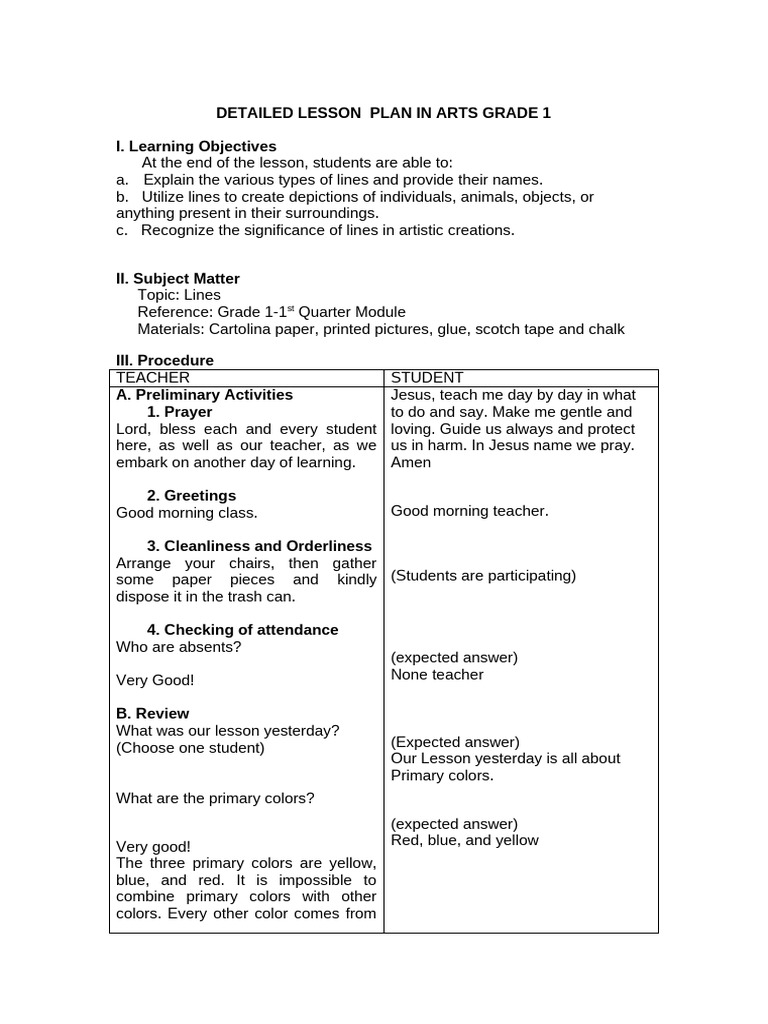 Detailed Lesson Plan in Arts Grade 1 | PDF | Line (Geometry) | Lesson Plan