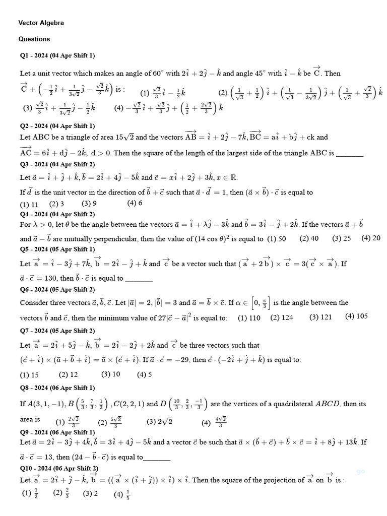 Pap Vector Algebra 2024 Apr | PDF | Area | Elementary Mathematics