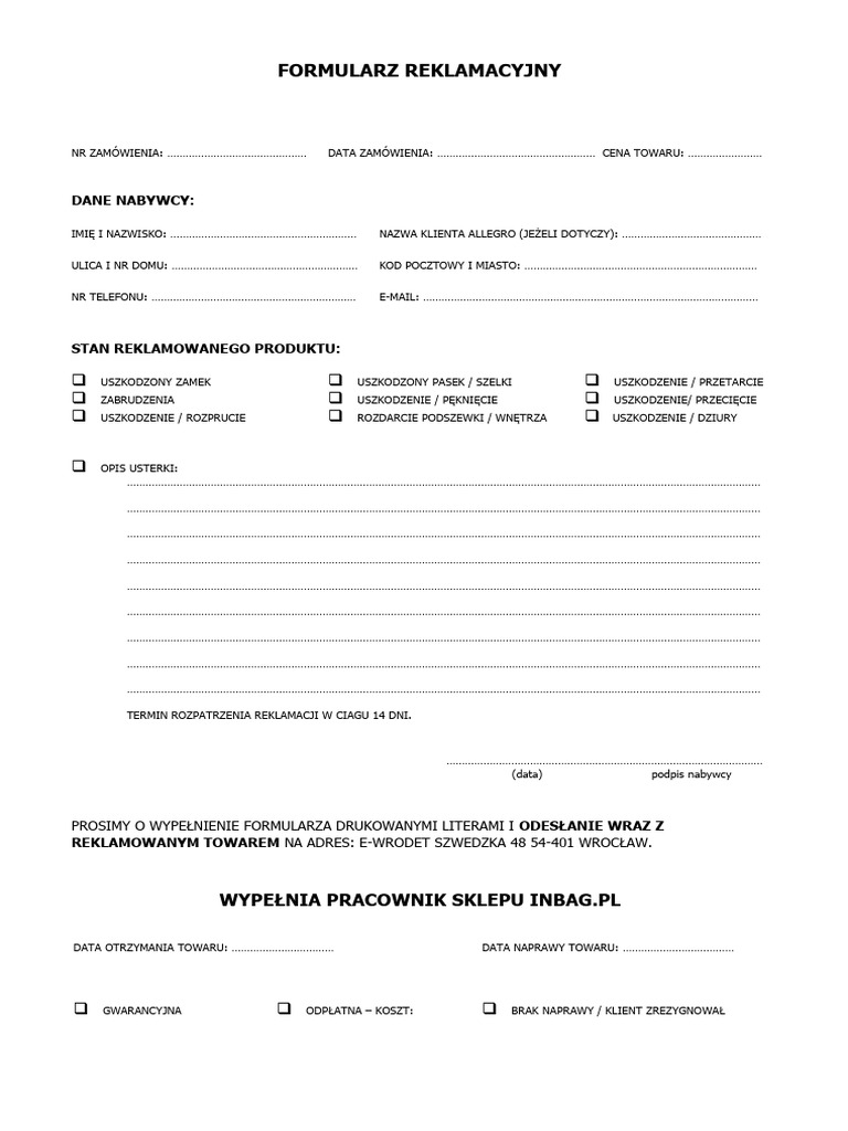 Formularz Reklamacyjny Inbag | PDF