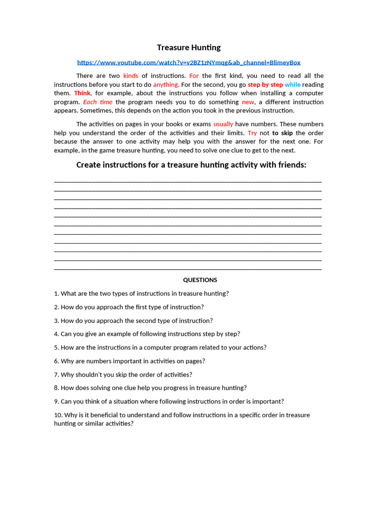 01 B - Conversation and Reading - Level 01 B - Treasure Hunting | PDF ...