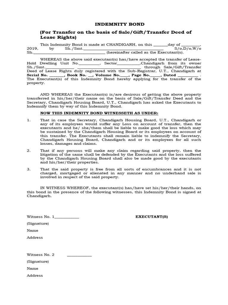 Indemnity Bond for Lease Transfer | PDF | Indemnity | Civil Law (Legal ...