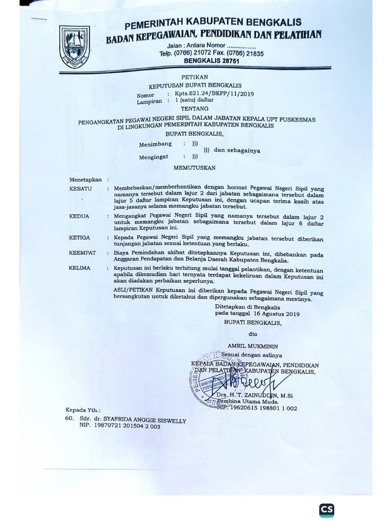 SK An Dr. SYAFRIDA ANGGIE SISWELLY (KEPALA PUSKESMAS) | PDF