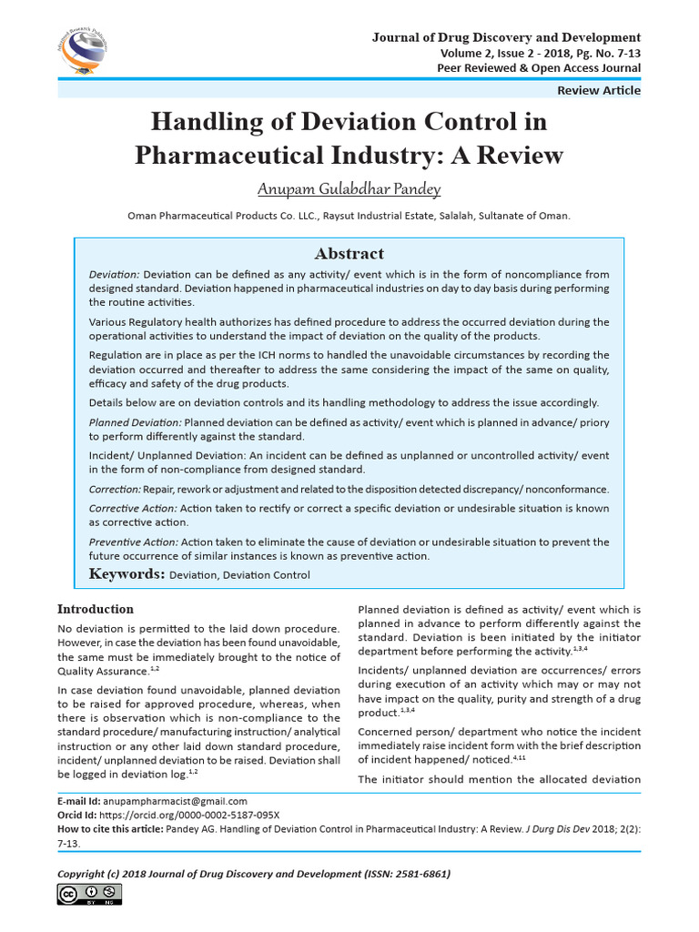 Handling of Deviation Control in Pharmaceutical Industry: A Review | PDF
