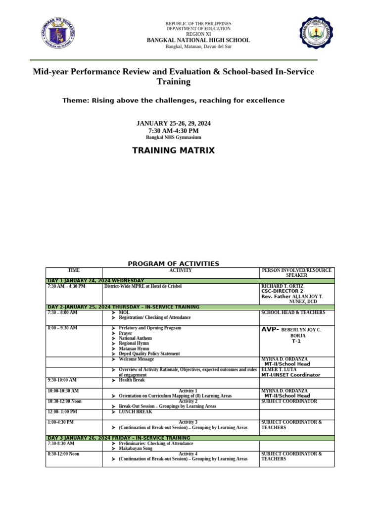Training Mitrix of Inset 2024 | PDF