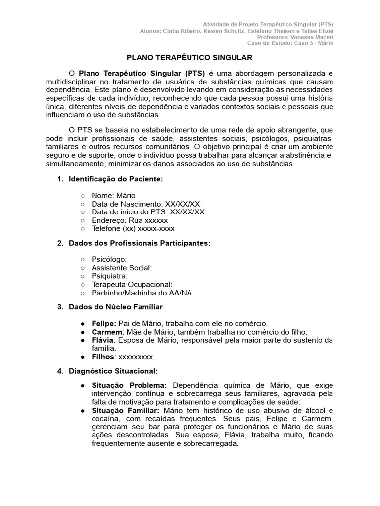 Modelo de Plano Terapêutico Singular | PDF | Alcoolismo | Saúde mental