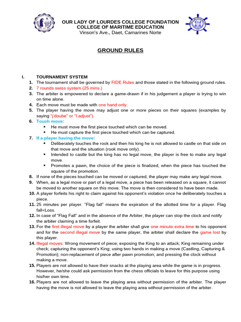 Chess Tournament Ground Rules | PDF | Chess | Abstract Strategy Games