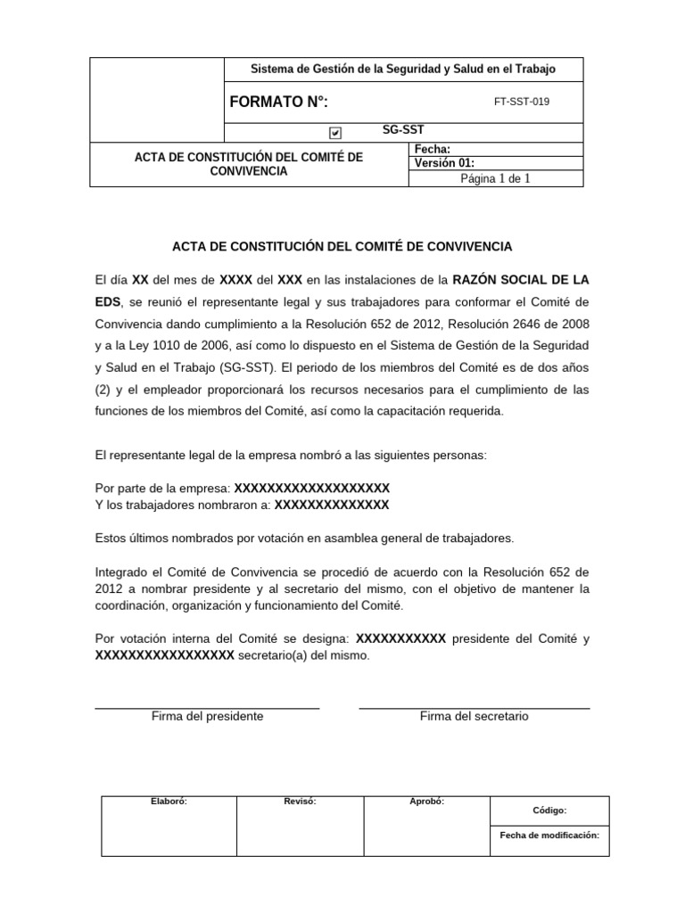 Formato Acta de Constitucion Del Comite de Convivencia Laboral | PDF | Finanzas y dinero ...