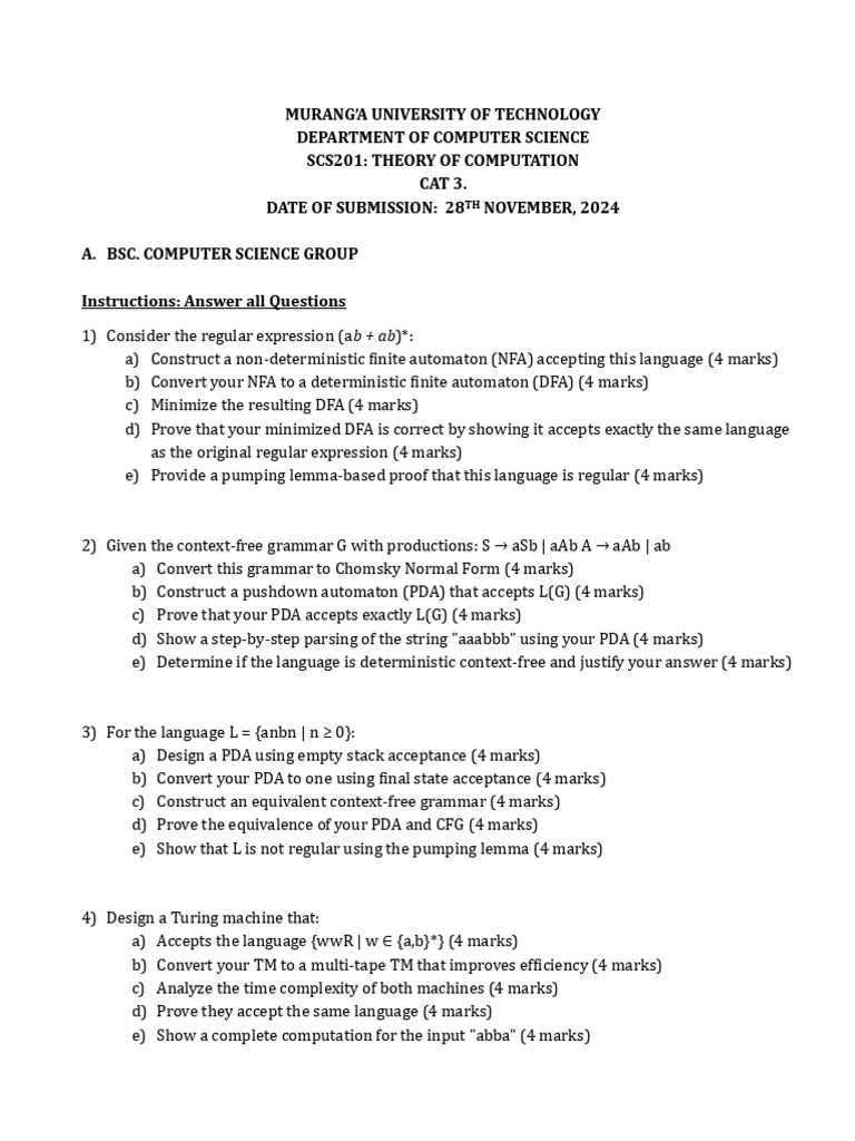 CAT 3 - SCS201 - Theory of Computation - Open Book Questions | PDF | Models Of Computation ...