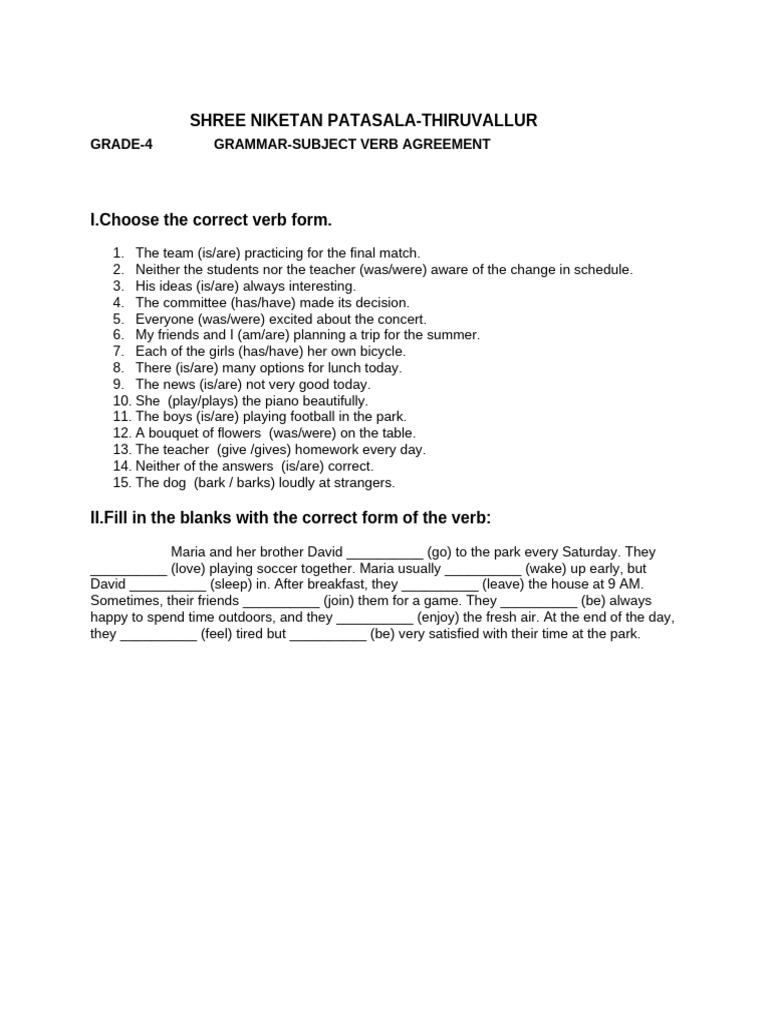 Grade 4 Subject Verb Agreement Quiz | PDF | Sports & Recreation ...