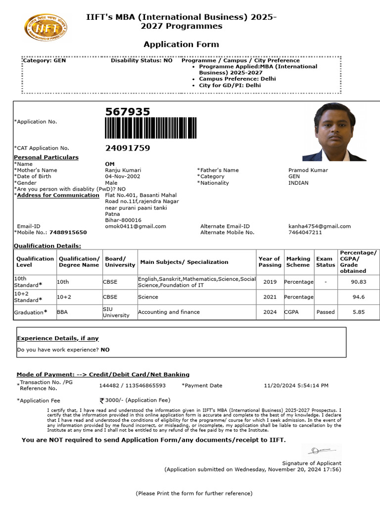 IIFT's MBA (2025-27) Admission | PDF | Payments