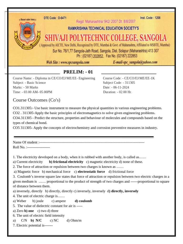 Engineering Basics Exam | PDF | Chemical Polarity | Chemical Bond