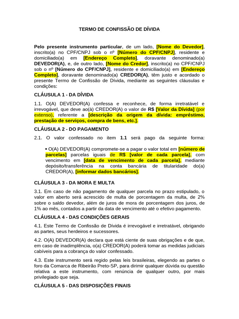 Modelo Simples de Termo de Confissão de Dívida | PDF | Empréstimos ...