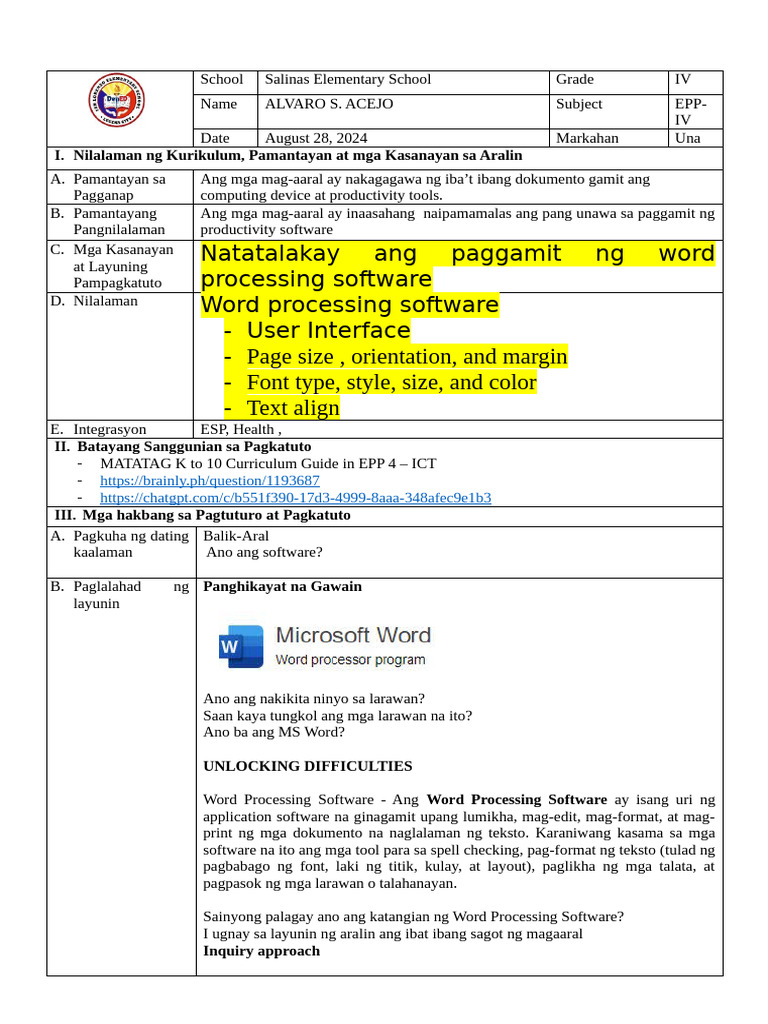 Natatalakay Ang Paggamit NG Word Processing Software Word Processing ...