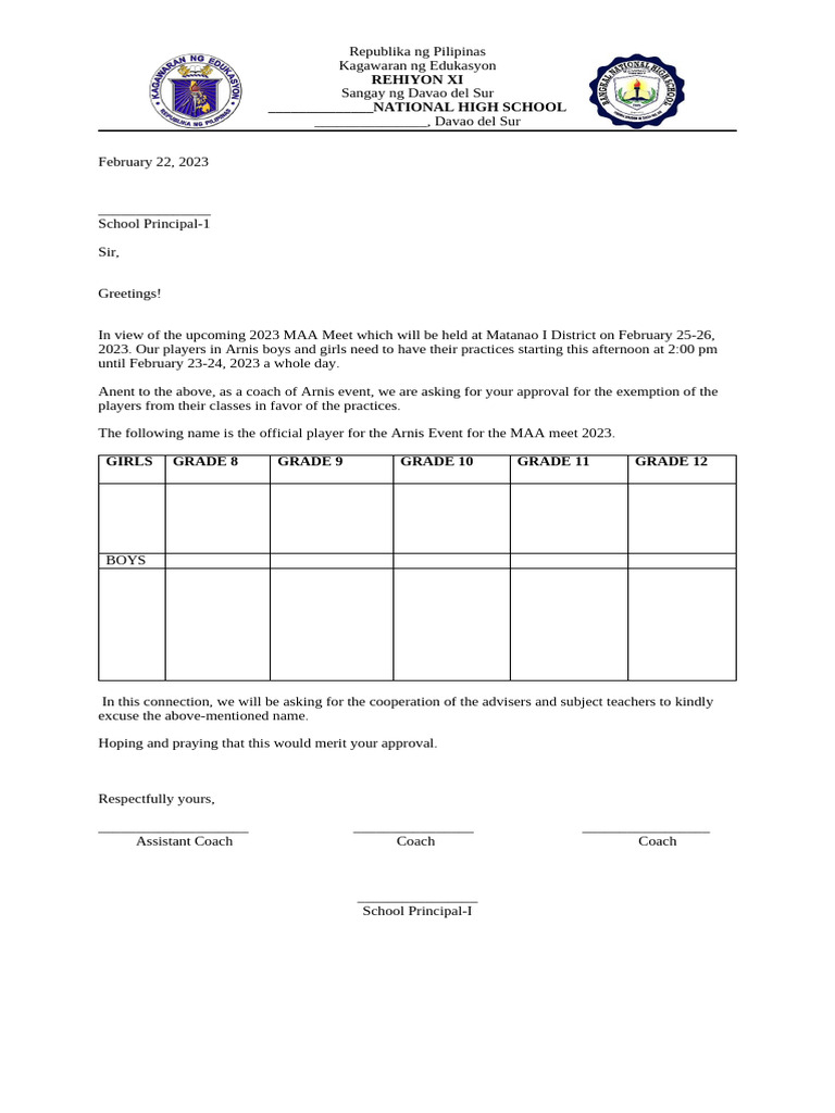 Arnis Practice Approval Request for MAA Meet | PDF