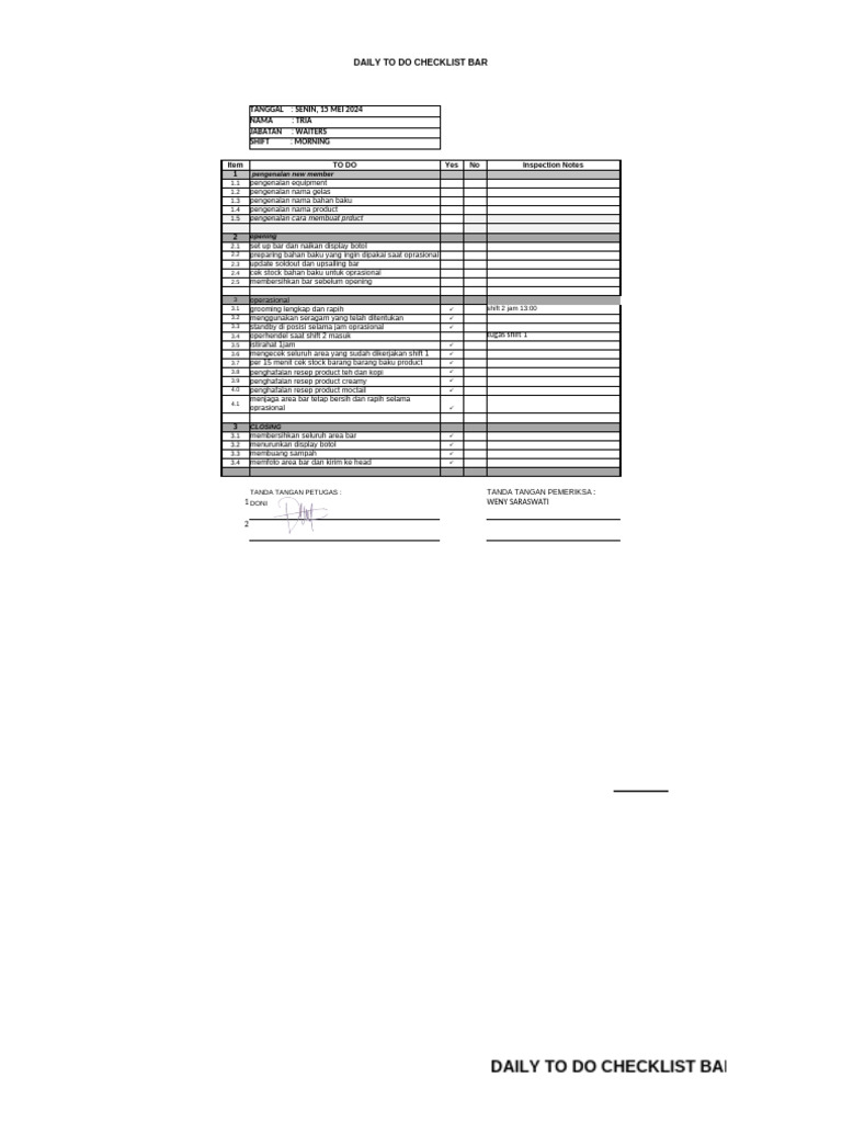 Checklist Harian Waiters Bar 15 Mei 2024 | PDF | Memasak, Makanan, & Anggur